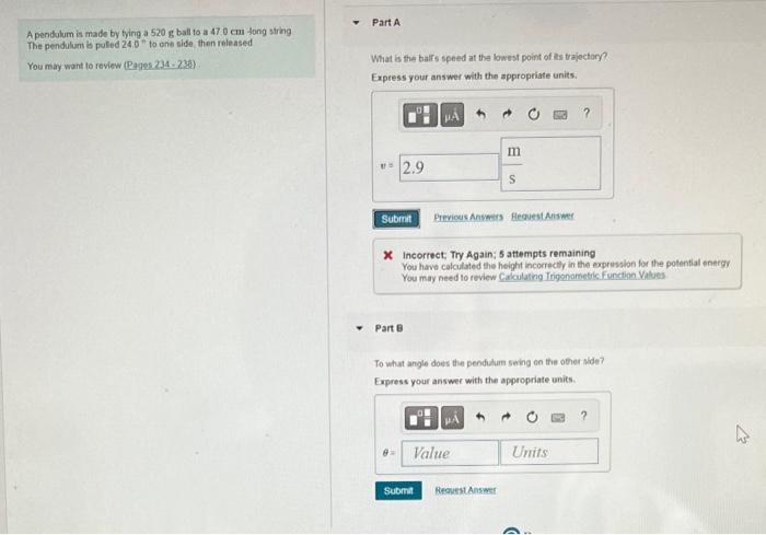 Solved A pendulum is made by tying a 520 g ball to a 47.0 cm | Chegg.com