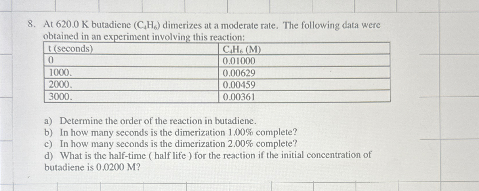Solved At 620.0K ﻿butadiene (C4H6) ﻿dimerizes at a moderate | Chegg.com