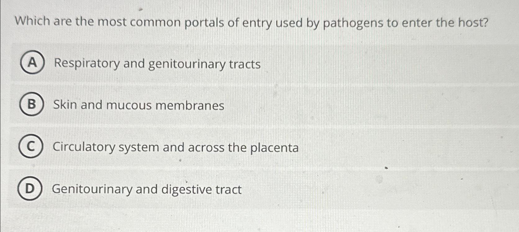 Solved Which are the most common portals of entry used by | Chegg.com
