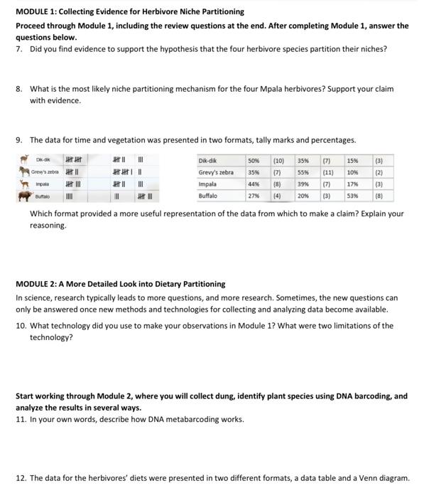 MODULE 1: Collecting Evidence for Herbivore Niche | Chegg.com