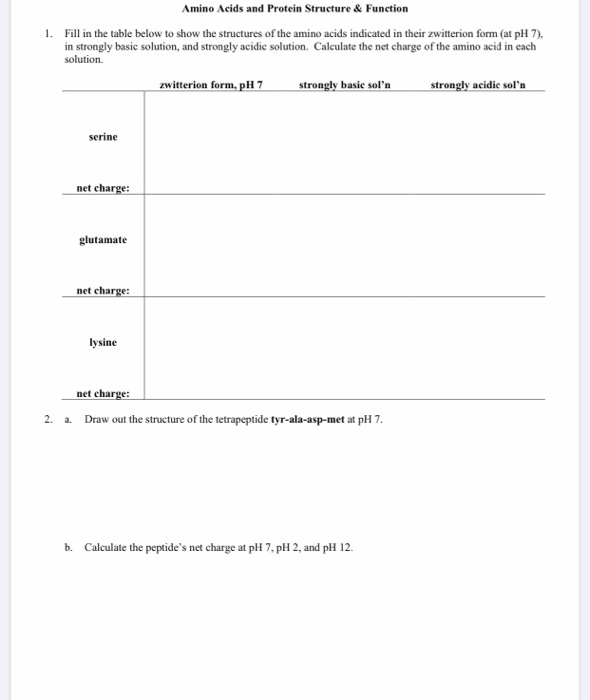 Solved Amino Acids and Protein Structure & Function 1. Fill | Chegg.com
