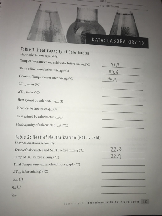 Solved DATE SECTION/GROUP DATA: LABORATORY 10 Table 1: Heat | Chegg.com