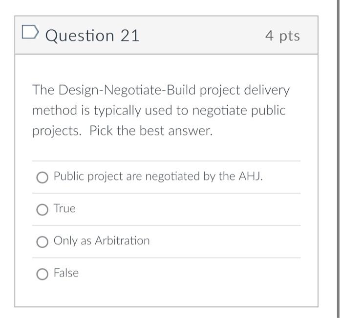 Solved The Design-Negotiate-Build project delivery method is | Chegg.com