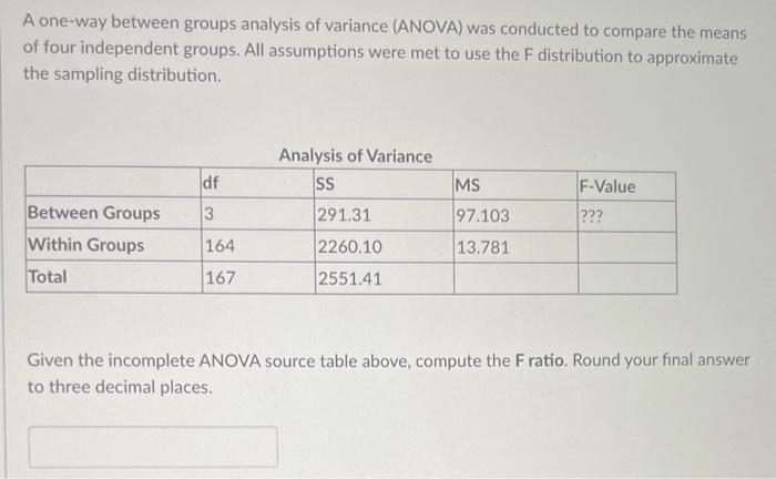 Solved A one-way between groups analysis of variance (ANOVA) | Chegg.com