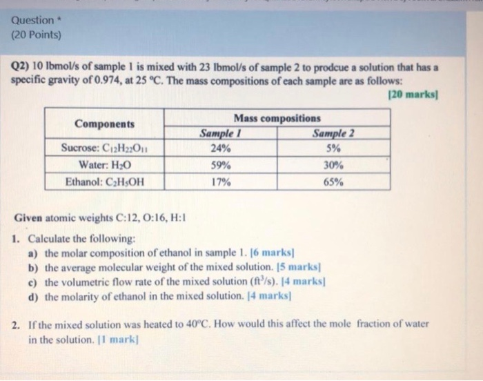 Solved Question (20 Points) Q2) 10 lbmol/s of sample 1 is | Chegg.com
