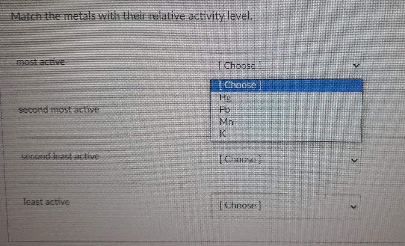Solved Match the metals with their relative activity level. | Chegg.com