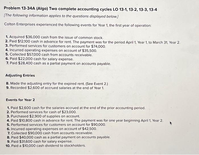Problem 13-34A (Algo) Two complete accounting cycles | Chegg.com