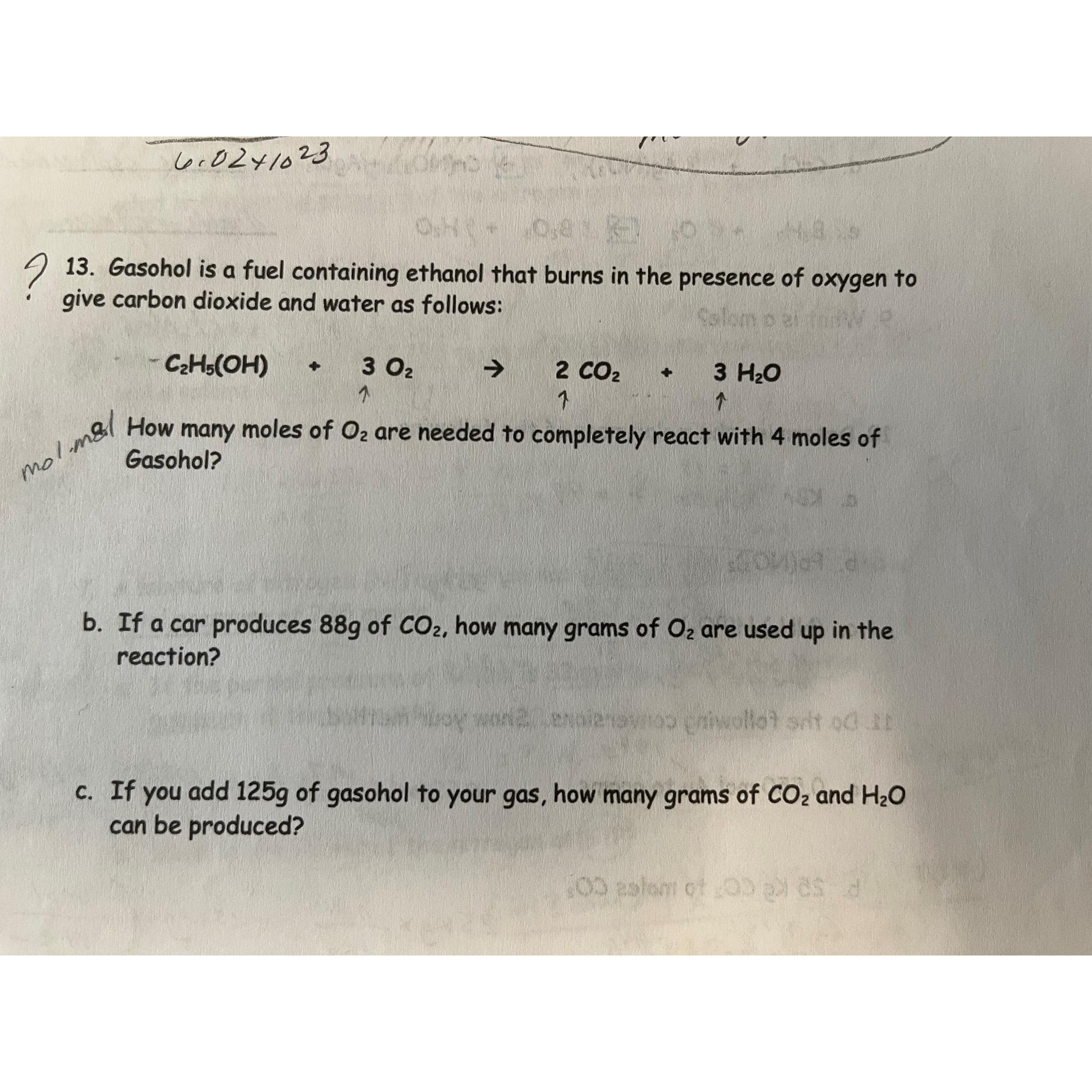 Solved 6.02×1023?13. ﻿Gasohol is a fuel containing ethanol | Chegg.com