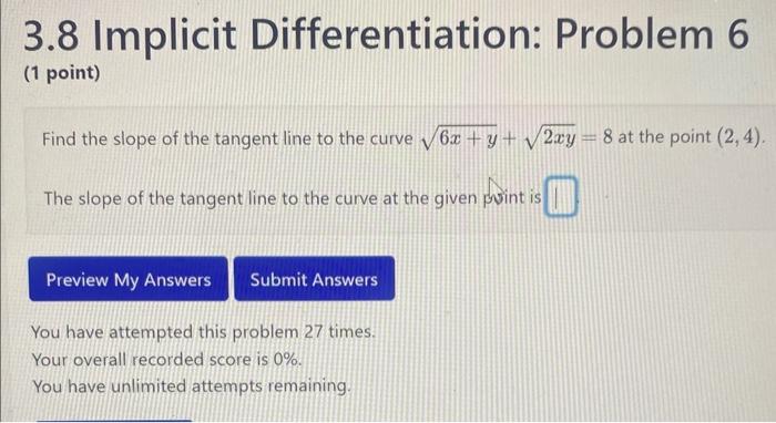 Solved 3.8 Implicit Differentiation: Problem 6 (1 point) | Chegg.com