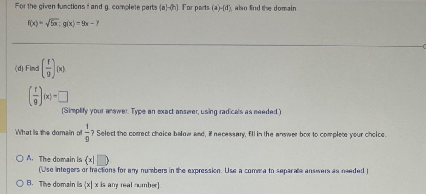 Solved For the given functions f ﻿and g, ﻿complete parts | Chegg.com
