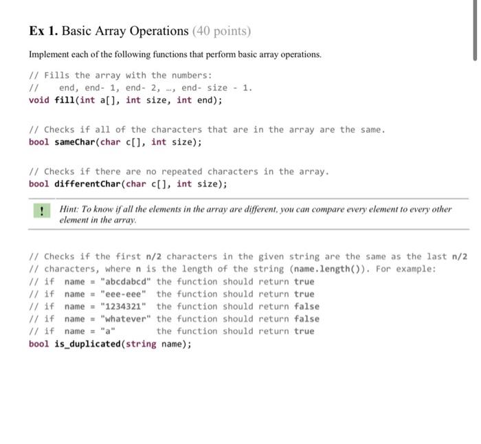 Solved Ex 1. Basic Array Operations (40 points) Implement | Chegg.com