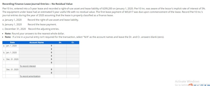 Solved Recording Finance Lease Journal Entries-No Residual | Chegg.com