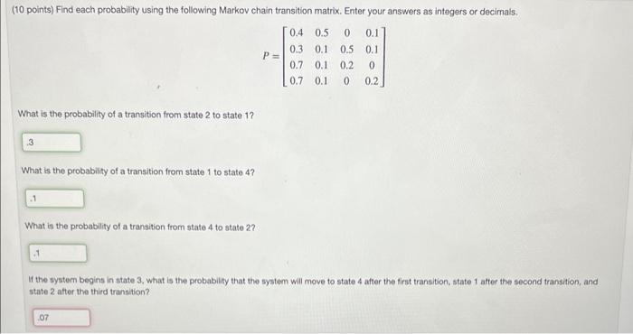 Solved (10 points) Find each probability using the following | Chegg.com