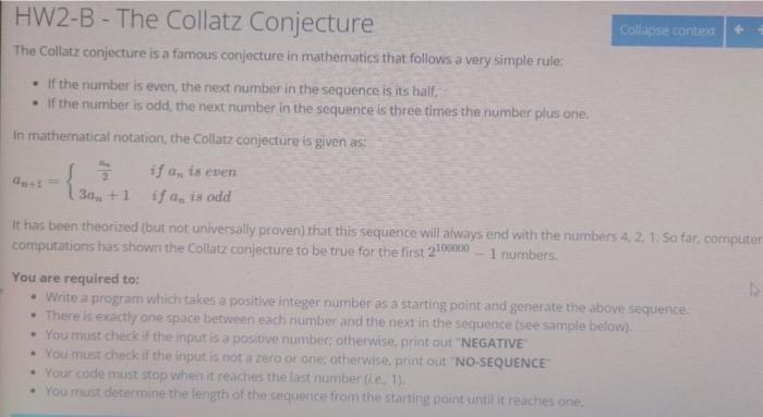 Solved Collapse context HW2-B - The Collatz Conjecture The | Chegg.com