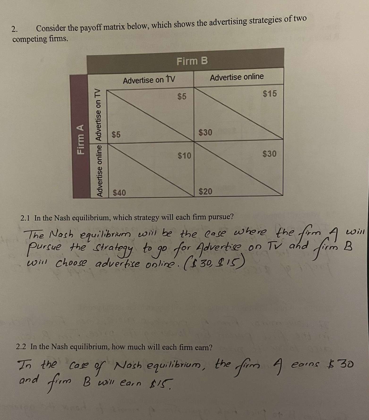 Solved Consider the payoff matrix below, which shows the | Chegg.com