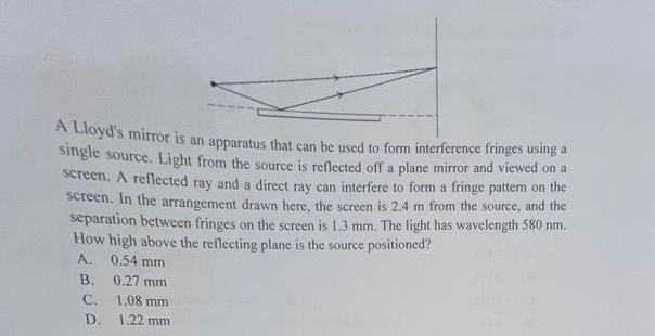 Solved A Lloyd's mirror is an apparatus that can be used to | Chegg.com