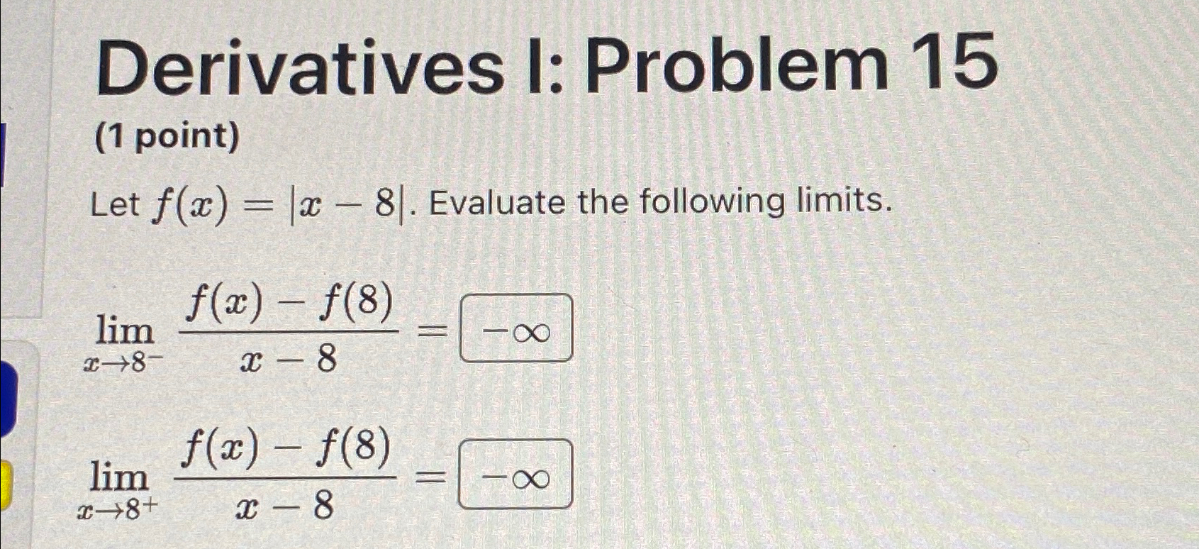 Solved Derivatives I: Problem 15(1 ﻿point)Let f(x)=|x-8|. | Chegg.com