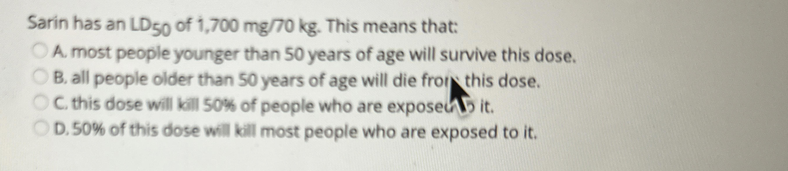 Solved Sarin has an LD50 ﻿of 1,700mg70kg. ﻿This means | Chegg.com