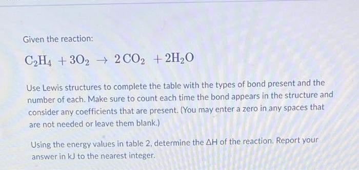 Solved Given the reaction: C2H4+3O2→2CO2+2H2O Use Lewis | Chegg.com