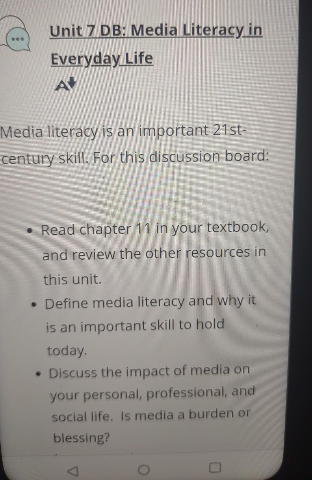 Solved Unit 7 DB: Media Literacy in Everyday Life AV Media | Chegg.com