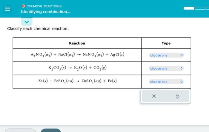 Solved Classify each chemical reaction: | Chegg.com