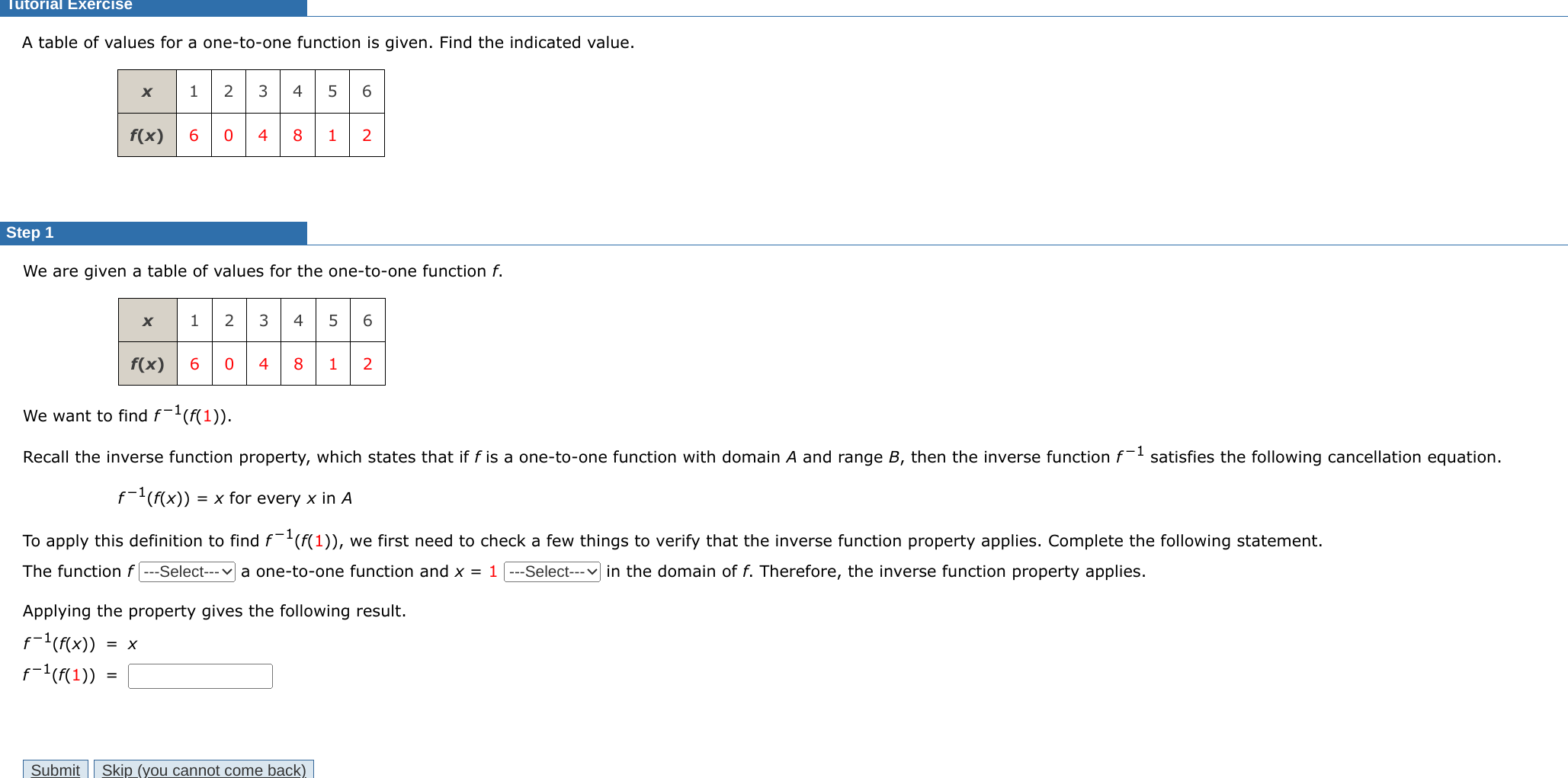 Solved A table of values for a one-to-one function is given. | Chegg.com