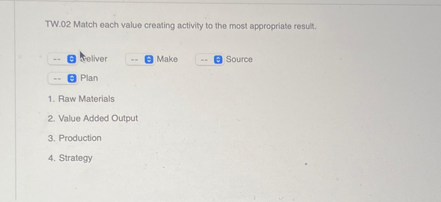 Solved TW. 02 ﻿Match each value creating activity to the | Chegg.com