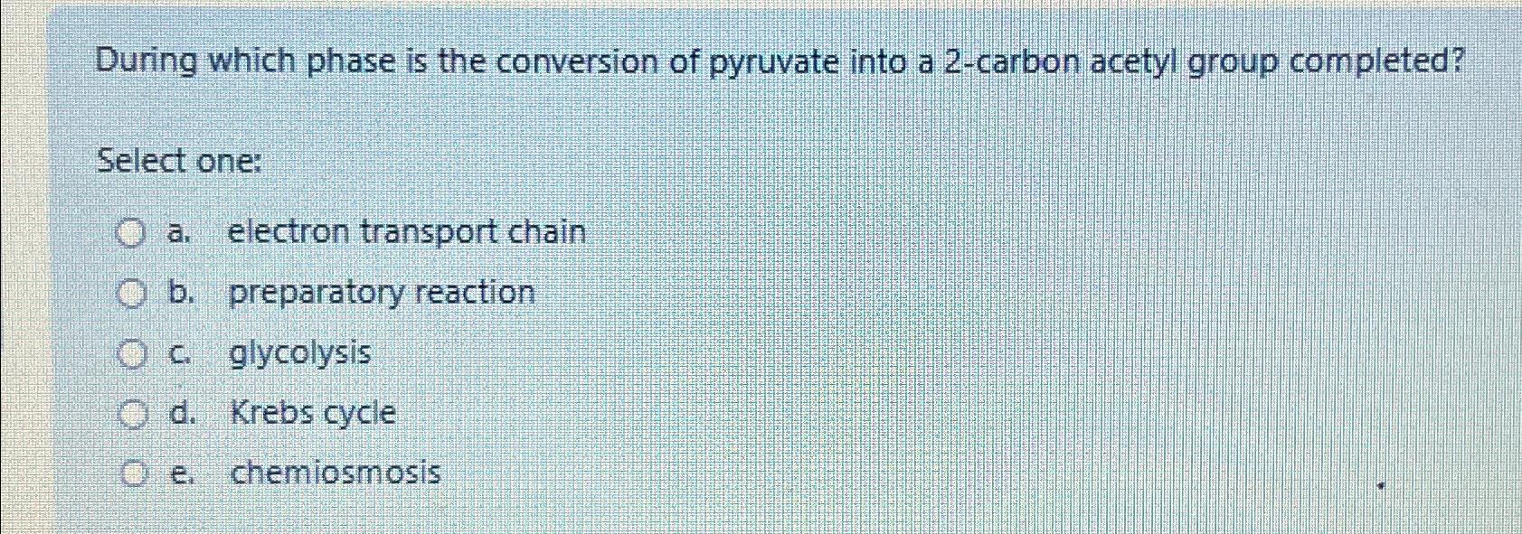Solved During which phase is the conversion of pyruvate into | Chegg.com
