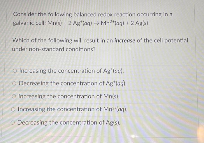 Solved Consider the following balanced redox reaction | Chegg.com