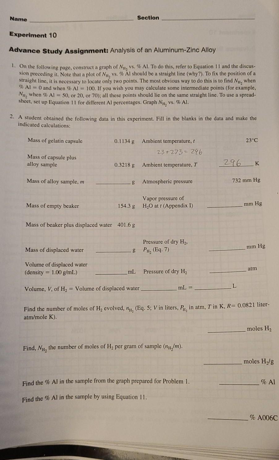 Name Section Experiment 10 Advance Study Assignment: | Chegg.com