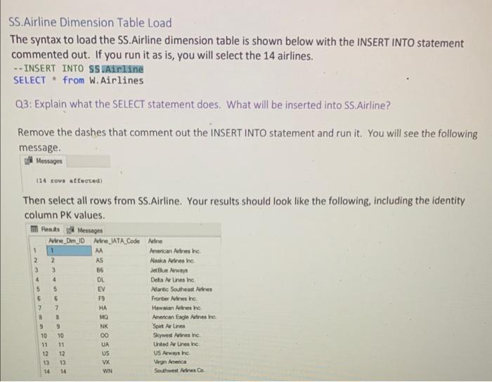 Solved SS.Airline Dimension Table Load The syntax to load | Chegg.com