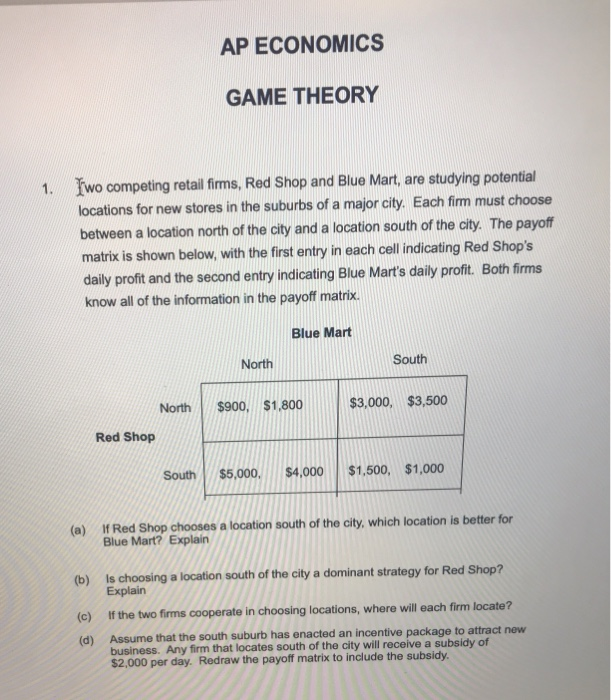 Solved AP ECONOMICS GAME THEORY 1. Iwo competing retail | Chegg.com