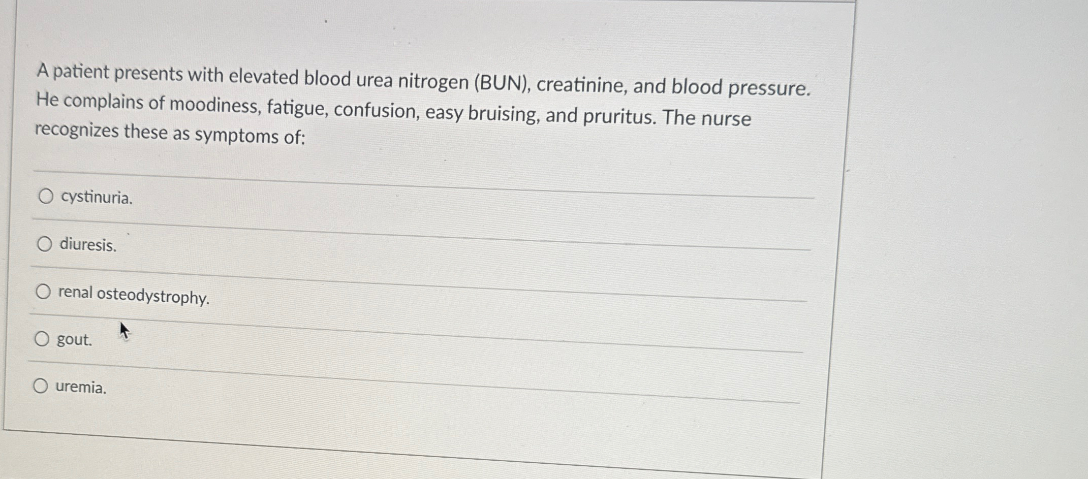 Solved A patient presents with elevated blood urea nitrogen | Chegg.com