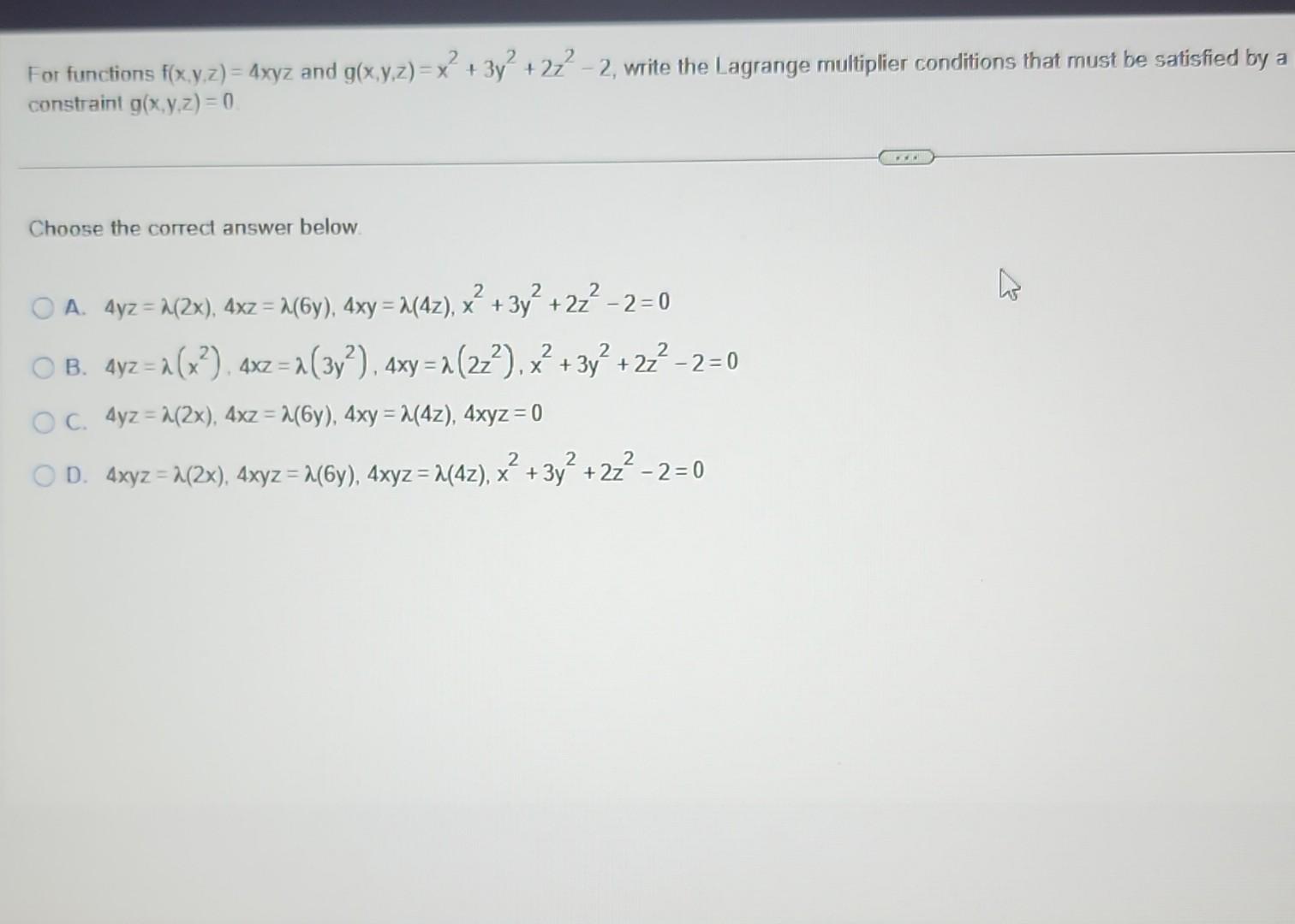 Solved For functions f(x,y,z)=4xyz and | Chegg.com
