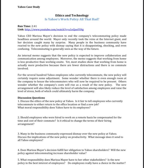 Yahoo Case Study Ethics and Technology Is Yahoo's | Chegg.com
