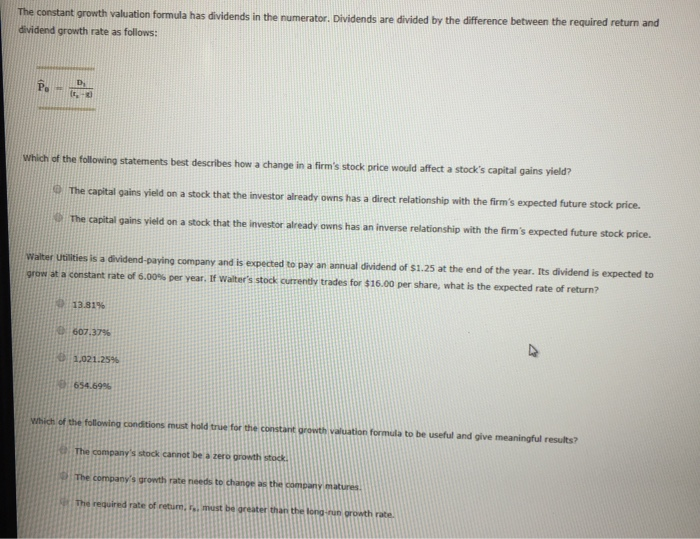 Solved The constant growth valuation formula has dividends | Chegg.com