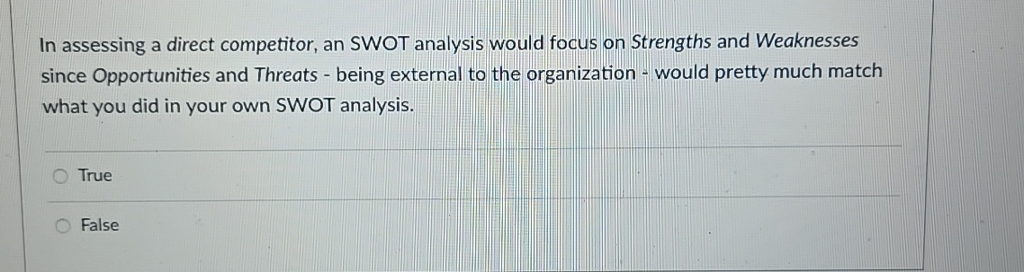 Solved In assessing a direct competitor, an SWOT analysis | Chegg.com