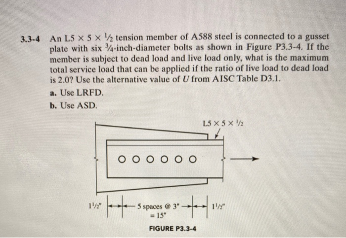Solved 3.3-4 An L5 X 5 X 1/2 tension member of A588 steel is | Chegg.com