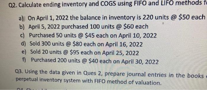 Solved Q2. Calculate ending inventory and COGS using FIFO | Chegg.com
