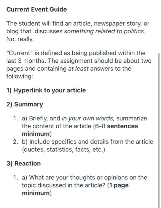 Solved Current Event Guide The student will find an article, | Chegg.com