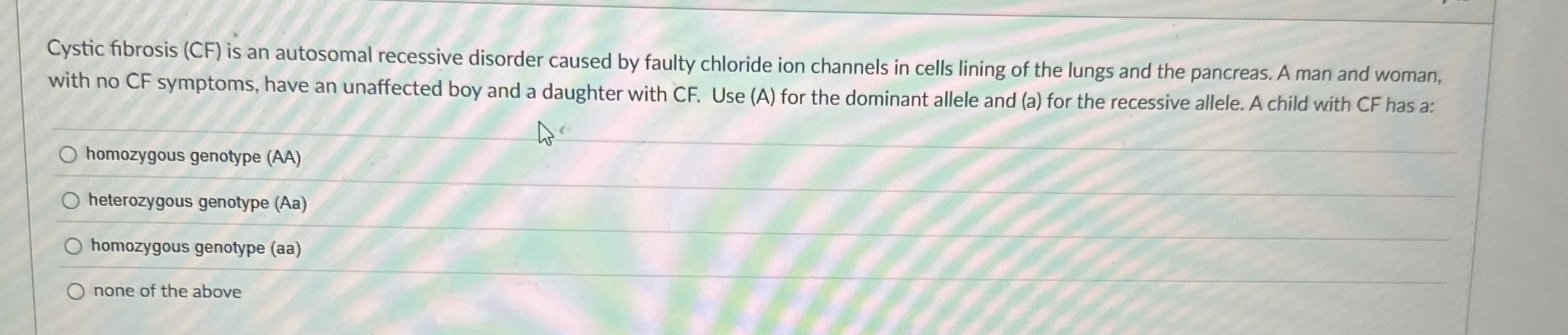 Solved Cystic fibrosis (CF) ﻿is an autosomal recessive | Chegg.com