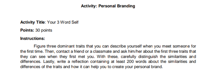 Solved Activity: Personal Branding Activity Title: Your 3 | Chegg.com