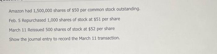 Solved Amazon had 1,500,000 shares of $50 par common stock | Chegg.com