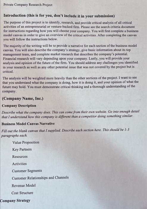 Solved Private Company Research Project Introduction (this | Chegg.com