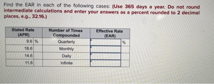 Solved Find the EAR in each of the following cases: (Use 365 | Chegg.com