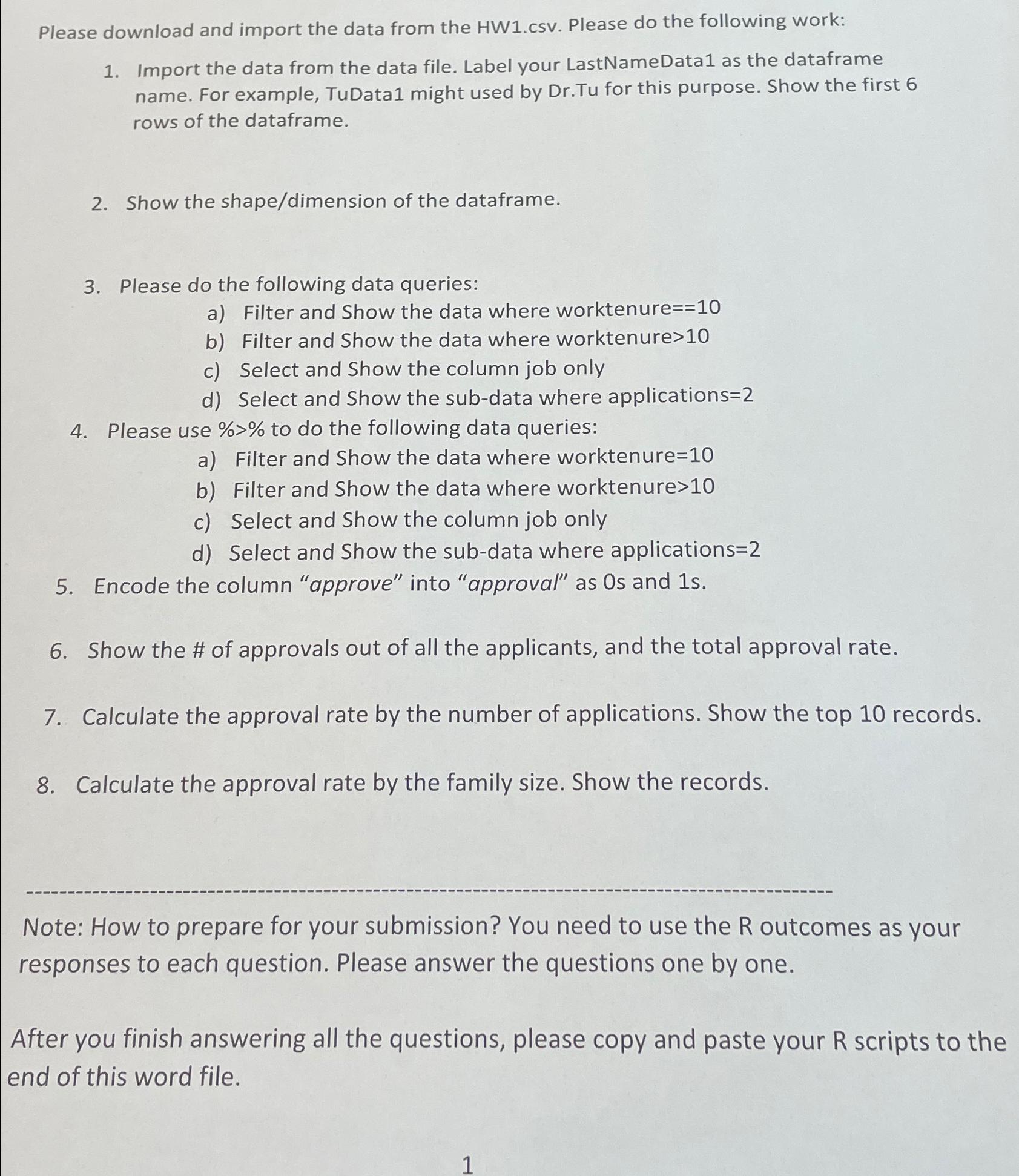 Solved Please download and import the data from the HW1.csv. | Chegg.com