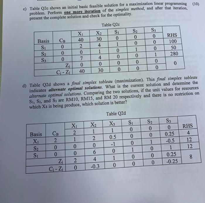 Solved c) Table Q2c shows an initial basic feasible solution | Chegg.com