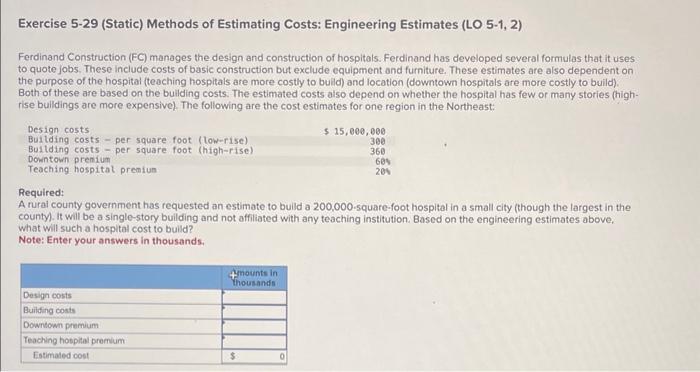Solved Exercise 5-29 (Static) Methods of Estimating Costs: | Chegg.com