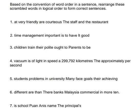 Based on the convention of word order in a sentence, | Chegg.com