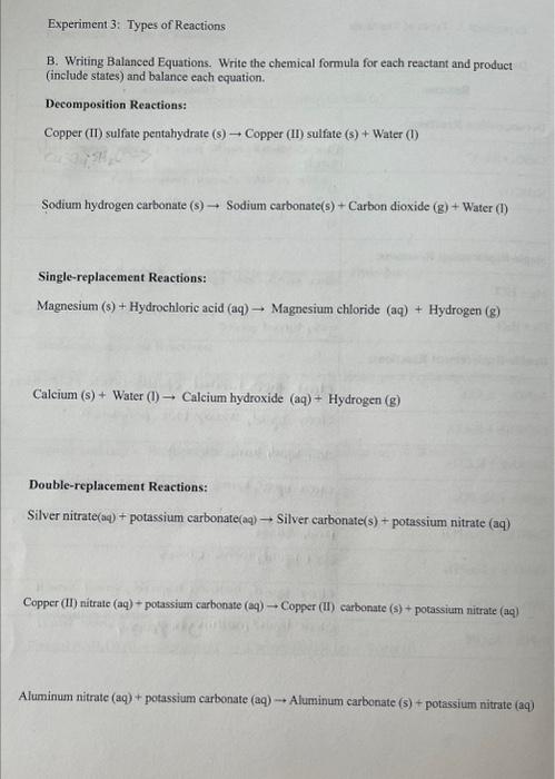 Solved Experiment 3: Types of Reactions B. Writing Balanced | Chegg.com